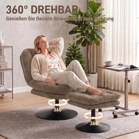 HOMCOM Lounge křeslo s podnožkou, 360° otočné, z Raindrop sametu, výškově nastavitelná podnožka, hnědé