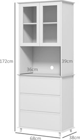 HOMCOM Bílý Dřevěný Kuchyňský Bufet S Úložným Prostorem, 2 Skleněnými Dveřmi, 3 Zásuvkami A Centrální Níšou 68D x 38Š x 172V cm | Aosom