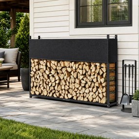 Outsunny Stojan na palivo 202 x 25 x 113 cm, stojan na dřevo s 600D Oxford krytem, ocelový rám do 500 kg, černý