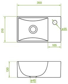 Laveo Kvadrato, keramické umyvadlo 355x210x130 mm, bílá lesklá, LAV-VUK_6135