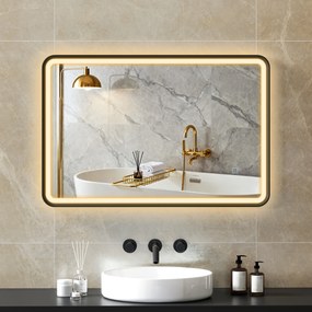 HOMCOM 90 x 60 cm LED koupelnové zrcadlo, světla, 3 barvy, stmívatelné, paměťová funkce, horizontálně a vertikálně, černé