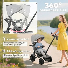 Dětská tříkolka, kočárek 6 v 1 pro batolata, s rukojetí na tlačení, nastavitelným sedadlem, skládací konstrukcí, bezpečnostní sítí, šedá barva