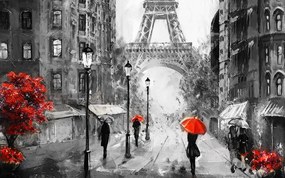Vícedílný obraz Lidé S Červenými Deštníky Na Ulici V Paříži Nedostatek Nedostatek Přírodní plátno 240x150
