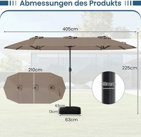 Costway Dvojitý slunečník se stojanem a LED světly a UPF 50+, hnědý