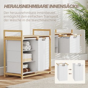 HOMCOM Prádelní Koš s 4 Přihrádkami, Bamboo Prádelní Koš 83L s 2 Vytahovacími a Odnímatelnými Textilními Taškami, Koš s Policí a Rukojetí na Třídění …