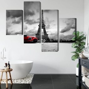 Vícedílný obraz Černobílý Pohled Na Eiffelovu Věž A Retro Auto Nedostatek Nedostatek Plátno Canvas 160x100