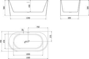 Mexen Oval, volně stojící nástěnná vana 150 x 75 cm, bílá, bílý přepad, 52671507500-20