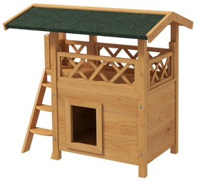 PawHut dvoupatrový domek pro kočky s asfaltovou střechou a balkonem, vila pro kočky z masivního dřeva se schody, přírodní, 77x50x73cm| Aosom