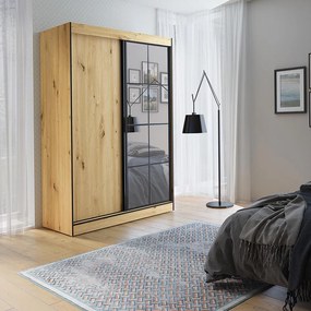Šatní skříň OSLO 2 | se zrcadlem | 150 cm | dub artisan/černá