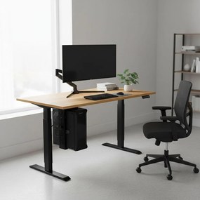 Výškově nastavitelný stůl OfficeTech D, 140 x 80 cm, černá podnož, dub zlatý