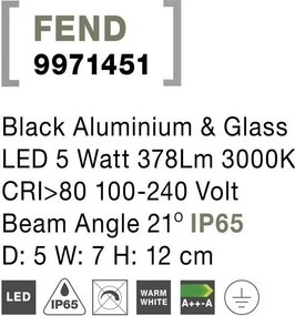 NV 9971451 Venkovní nástěnné svítidlo FEND černý hliník a sklo LED 5W 3000K 100-240V 21st. IP65 - NOVA LUCE