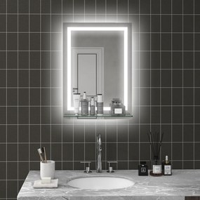 kleankin LED koupelnové zrcadlo, stmívatelné, proti páře, dotykový vypínač, polička, 50 x 70 cm, Stříbrná