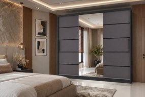 Šatní skříň 232 cm Belini černý mat / šedý mat s posuvnými dveřmi zrcadlem a zásuvkami  MBP SZP8/0/1B/2SR1L/0/KLP