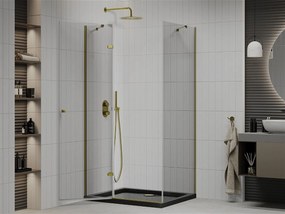 Mexen Roma, sprchový kout s křídlovými dveřmi 80 (dveře) x 100 (stěna) cm, 6mm čiré sklo, zlatý profil + slim sprchová vanička černá + zlatý sifon, 854-080-100-50-00-4070G