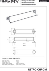Bemeta Design RETRO chrom: Držák ručníků, 600 mm, dvojitý -