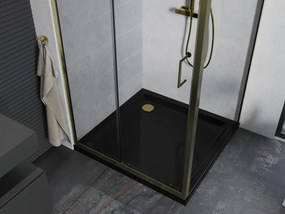 Mexen Apia sprchový kout s posuvnými dveřmi 90 (dveře) x 90 (stěna) cm, 5mm čiré sklo, zlatý profil + černá sprchová vanička SLIM, 840-090-090-50-00-4070G