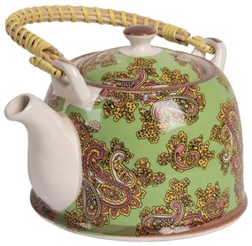 Porcelánová konvička na čaj se sítkem se zeleným kašmírovým motivem – 800 ml