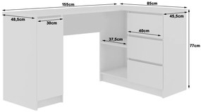 Rohový psací stůl B20 155 cm bílý lesk pravý