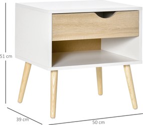 HOMCOM Noční stolek s šuplíkem, moderní design, nohy z masivu, 50 x 39 x 51 cm, bílý a přírodní dřevo