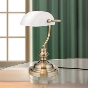 Orion LA4-587/1-Opal Stolní stylová lampa BANKIR patina BÍLÉ sklo