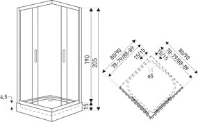 Novoterm Čtvercový sprchový kout NV-Soho 80x80 černá/ornamentní sklo - bez vaničky