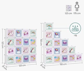 Kostkový regál pro děti 16 boxů – motiv jednorožci, bílý