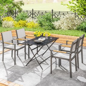 Outsunny Sada 4 zahradních židlí s dřevěným vzhledem na opěrkách, hliníkový rám, venkovní jídelní židle s prodyšnou tkaninou pro balkon a terasu, svět