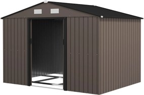 Outsunny XXL pozinkovaný ocelový zahradní domek 5,4 m² s montážní sadou, 277 × 195 × 192 cm, uzamykatelné posuvné dveře, 4 větrací otvory, hnědý | Aos