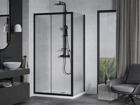 Mexen Apia sprchový kout s posuvnými dveřmi 110 (dveře) x 90 (stěna) cm, 5mm čiré sklo, černý profil + bílá sprchová vanička SLIM, 840-110-090-70-00-4010B