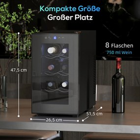 HOMCOM Vinotéka pro 8 lahví, 21 l, termoelektrická, nastavitelné police, LED osvětlení, černá