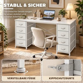 HOMCOM psací stůl 140 cm s 8 látkovými zásuvkami, bílý