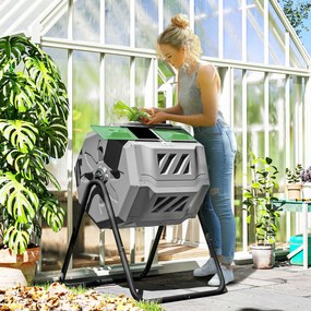 Bubnový kompostér Outsunny 160 l s možností otáčení a 2 přihrádkami na organický odpad, účinný a robustní, zahradní kompostér v šedé barvě | Aosom.de