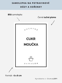 Samolepka na dózu CUKR MOUČKA – bílá, 6 × 8 cm, tučné písmo