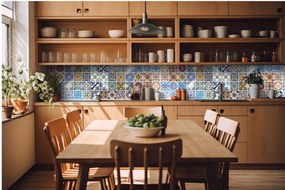 DIMEX | Fototapeta do kuchyně Lisabonské kachličky KI-420-244 | 420 x 60 cm | vícebarevná, hnědá, modrá