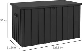 Zahradní úložný truhlicový box Outsunny, kapacita 450L, kov s plynovým pístem, kolečky a rukojetí - rozměry 125,5L x 61,5W x 70H cm