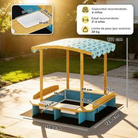 AIYAPLAY Dřevěné pískoviště se střechou, 3 lavice, 2 PP boxy, podklad pro děti 3-6 let, 128x118x121 cm, modrá