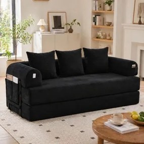 Aosom Skládací kompresní pohovka s pevným kovovým rámem, boční kapsy plus 3 polštáře, 200D x 94Š x 67V cm, černá