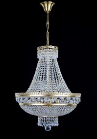 9-žárovkový štrasový křišťálový lustr s velkými broušenými hlavičkami a křišťálovými hruškami - matná mosaz
