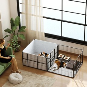 Pelíšek pro štěňata, ohrádka pro štěňata se 7 panely, 2 plochy, omyvatelná podložka pod stelivo, 203x102x60cm černá