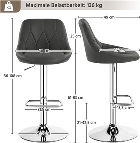 Sada 2 ks – Barová židle Yaheetech – tmavě šedá, umělá kůže (267310095271)