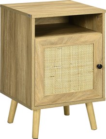 HOMCOM Noční stolek s ratanovými dveřmi a otevřeným oddílem, stabilní boční stolek do ložnice či obývacího pokoje 39x35x60 cm v přírodním provedení |