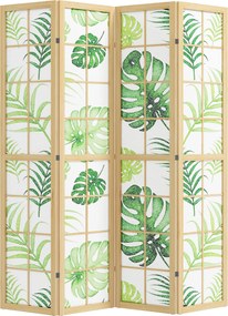 HOMCOM 4-panely skládací paraván, 160 × 170 cm — borovicový rám s potiskem palmových listů, volně stojící přepážka (přírodní/zelená) | Aosom