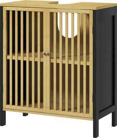 HOMCOM Podložková skříňka pod umyvadlo, koupelnová skříňka se zásuvkami 60 x 30 x 70 cm v černé a přírodní bambusové barvě