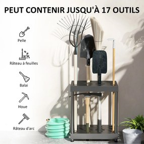 Organizér na zahradní nářadí Outsunny, 16-přihrádkový dvoupatrový držák na nářadí s nastavitelnými podložkami pro nůžky, lopaty, hrábě, do kůlny, gar…