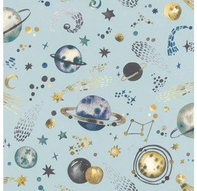 Dětská vliesová tapeta modrá, zlatá - vesmír, planety 300949 / Tapety na zeď Kids world, Aldora IV (0,53 x 10,05 m) Rasch