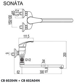 Mereo Sonáta nástěnná baterie do byt. jádra 150 mm s plochým ramínkem 300 mm bez příslušentví mosaz chrom CB60204N