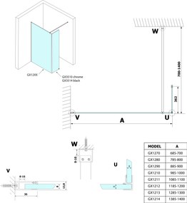 Gelco Vario walk in přídavná boční stěna 35 x 200 cm černá mat sklo čiré GX3514