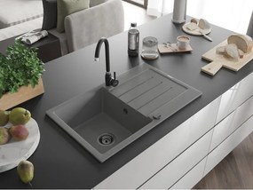 Mexen Bruno, granitový dřez 795x495x200 mm, 1-komorový, šedá s černým sifonem, 6513791010-71-B