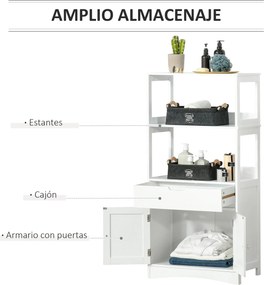 Kleankin Koupelnová skříňka se 3 policemi, šuplíkem a 2 dveřmi – Moderní skříňka na podlaze pro kuchyň, ložnici a obývací pokoj 60x33x122,5 cm Bílá