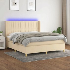 Box Spring Postel S Matrací A Led Textil Krémová Svislé pruhy 180 x 200 c